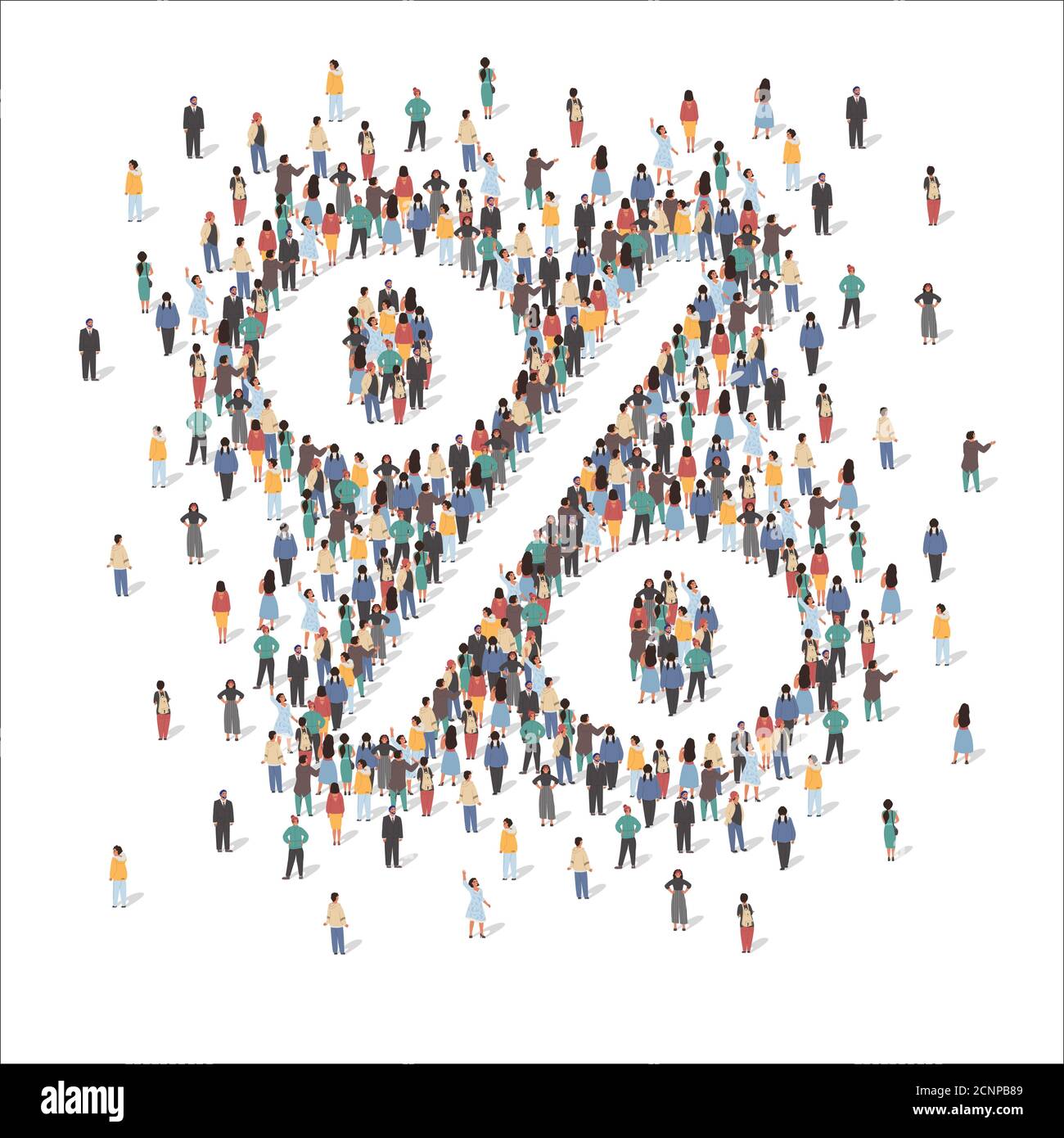 Large group of people forming percent sign, flat vector illustration ...