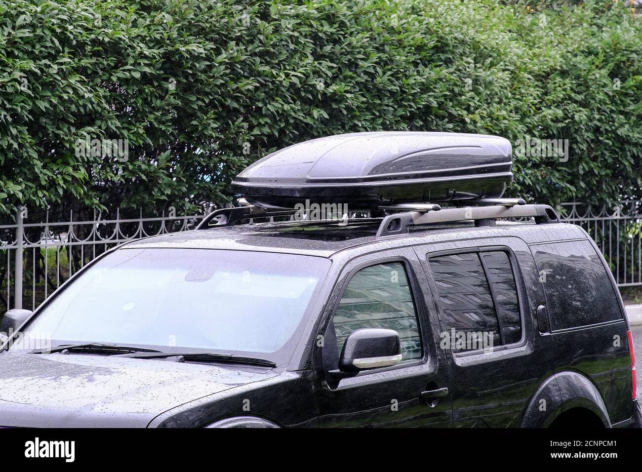 Aerodynamic car box located on the roof, for cargo on long-distance ...