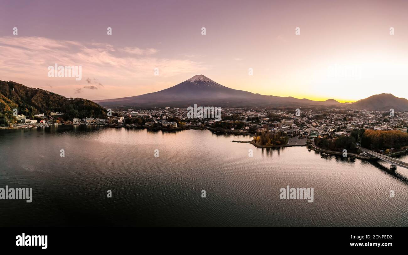 Aerial view over lake Kawaguchi, located in the border Fujikawaguchiko ...