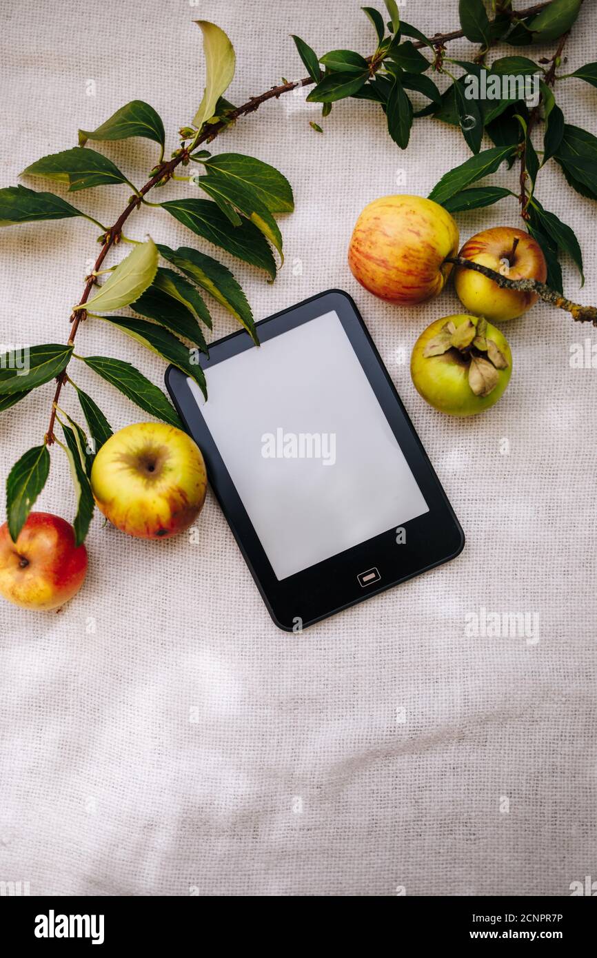Vertical top shot of a gadget and apples on the table Stock Photo - Alamy