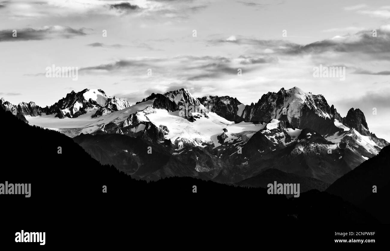 Alpine mountain peaks covered with snow, near Mont Blanc, high ...