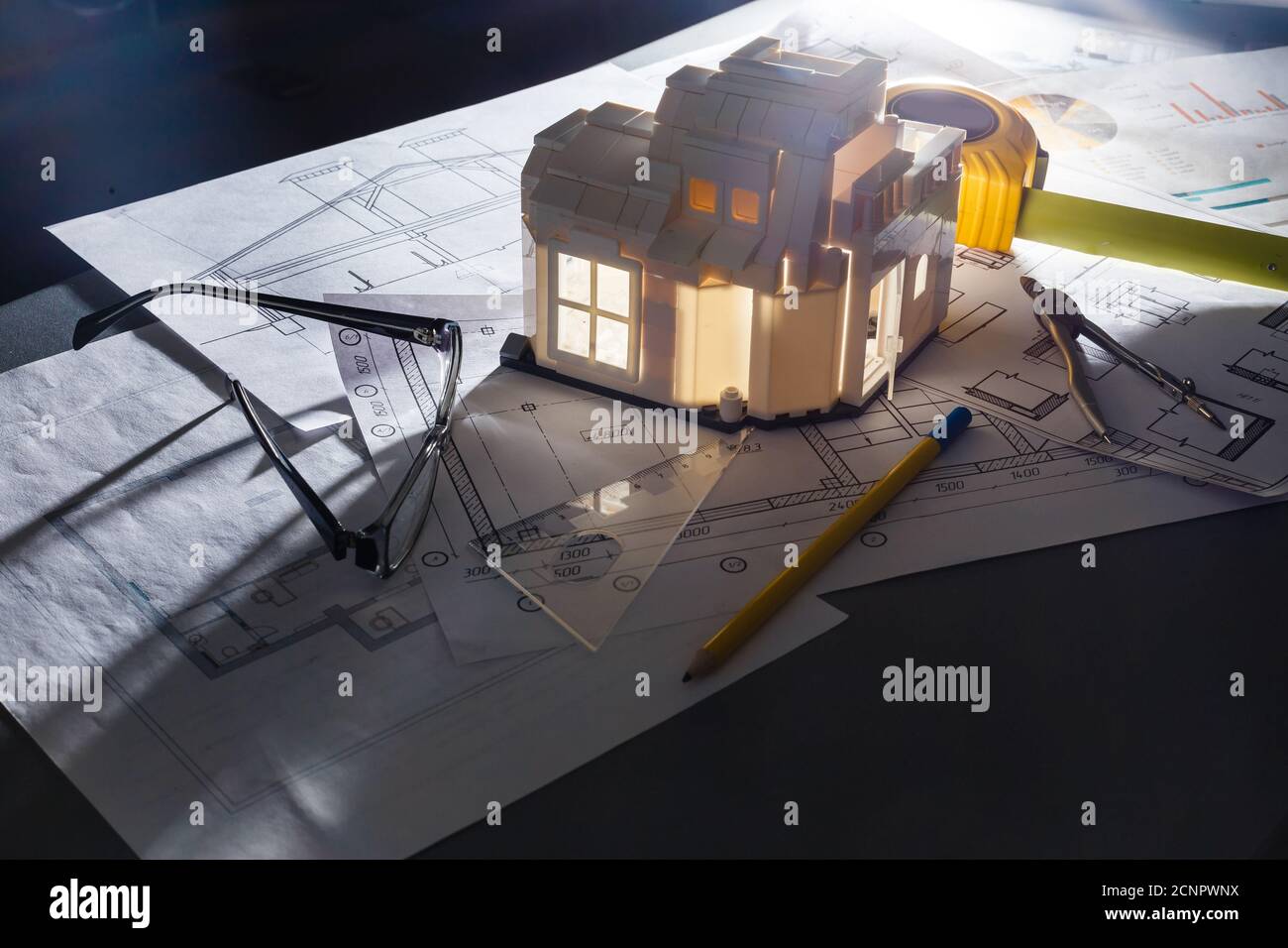 top view of architectural project of home interior design Stock Photo ...