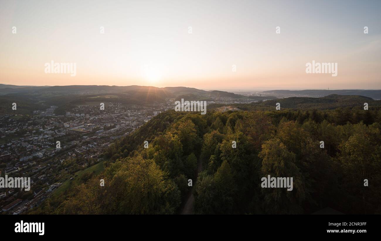 view from lookout tower liestal, in switzerland at evening, liestal is ...