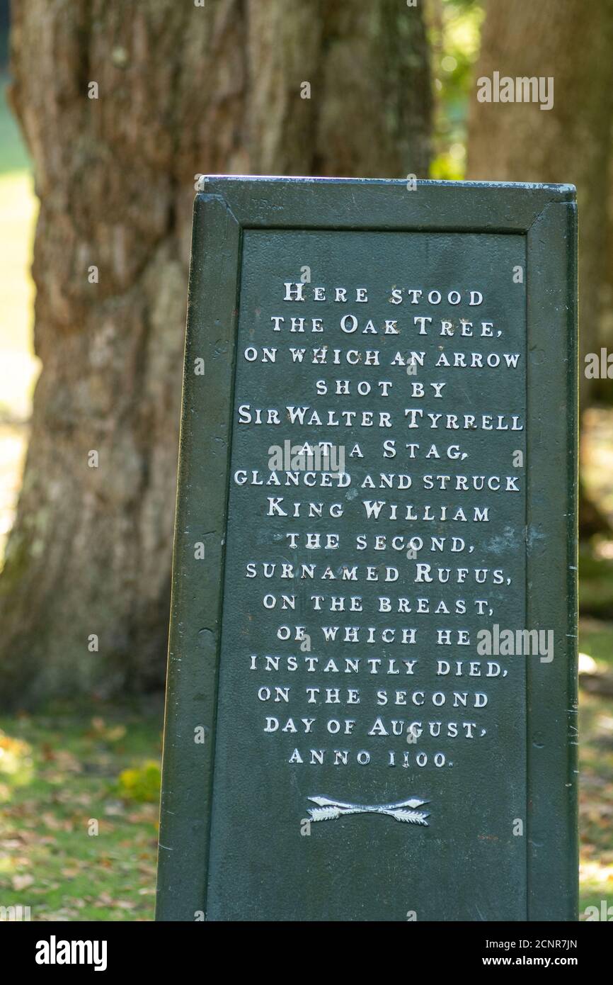 Memorial plaque on the spot where King William the Second was shot by a ...