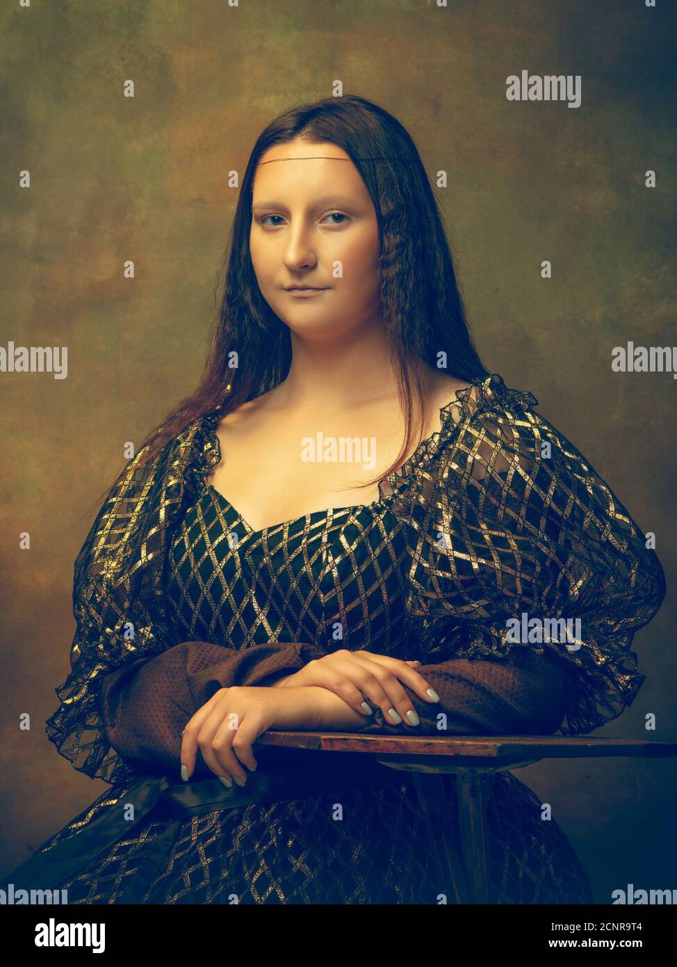 Beautiful. Young woman as Mona Lisa, La Gioconda isolated on dark green ...