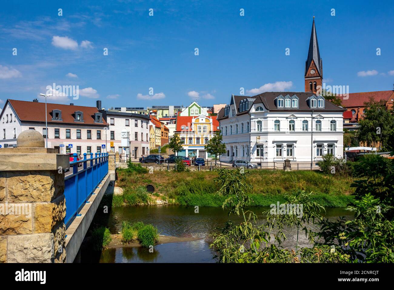 Historical city of Stassfurt withe the river Bode in front, Germany ...