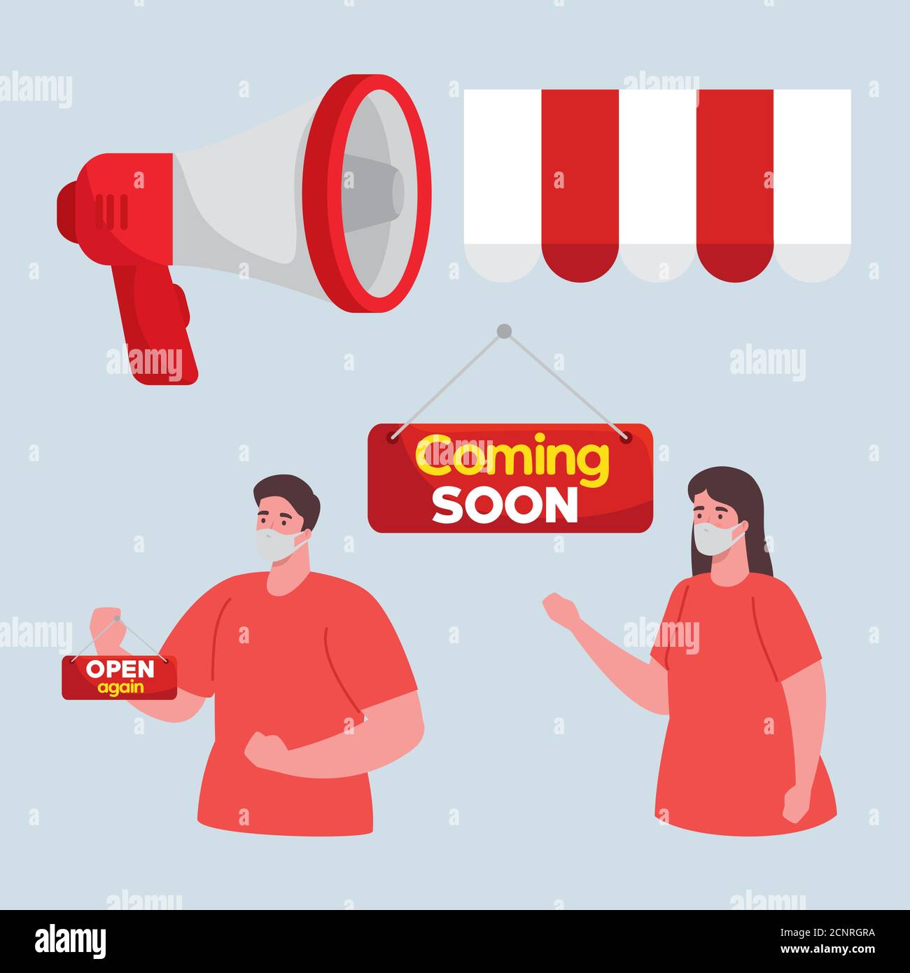 coming soon and open again labels, with couple wearing medical mask ...