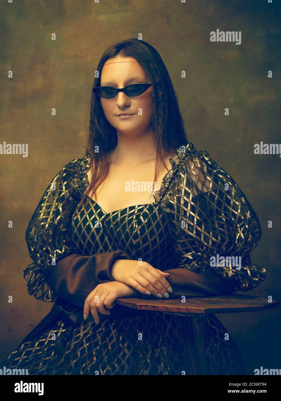 Eyewear black. Young woman as Mona Lisa, La Gioconda isolated on dark ...