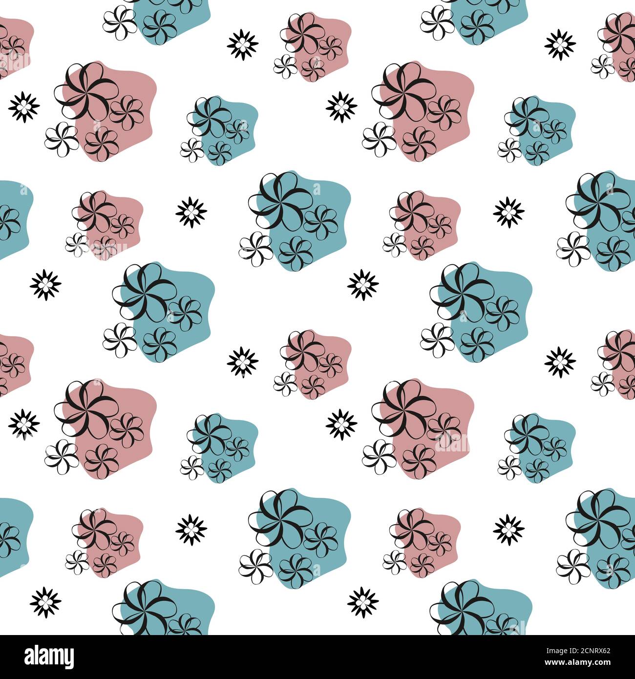 Seamless pattern black outline flowers on pink and blue blot. Vector ...