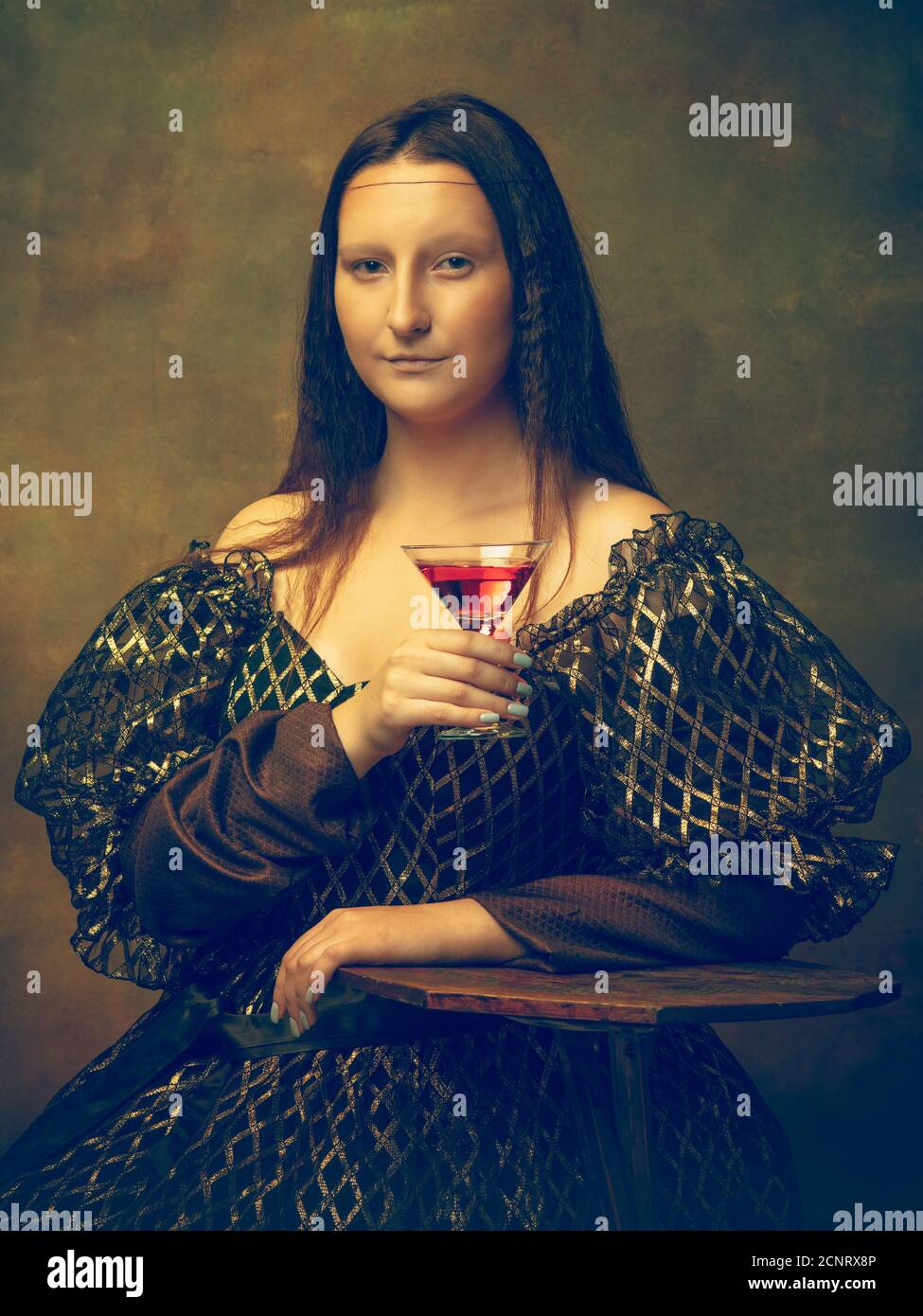 Cocktail time. Young woman as Mona Lisa, La Gioconda isolated on dark ...