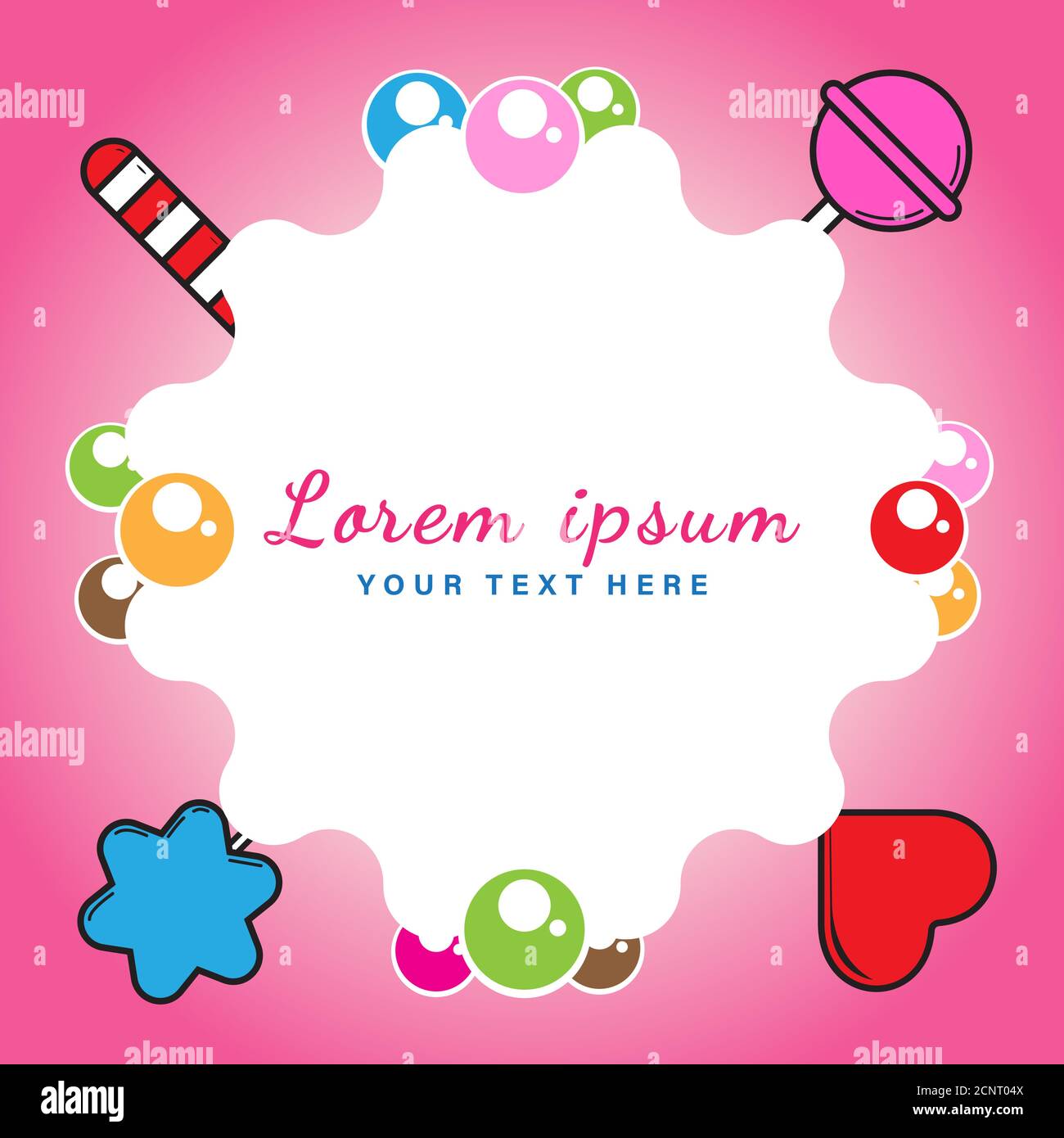 Colorful sweet candies with rounded star label on pink color background ...