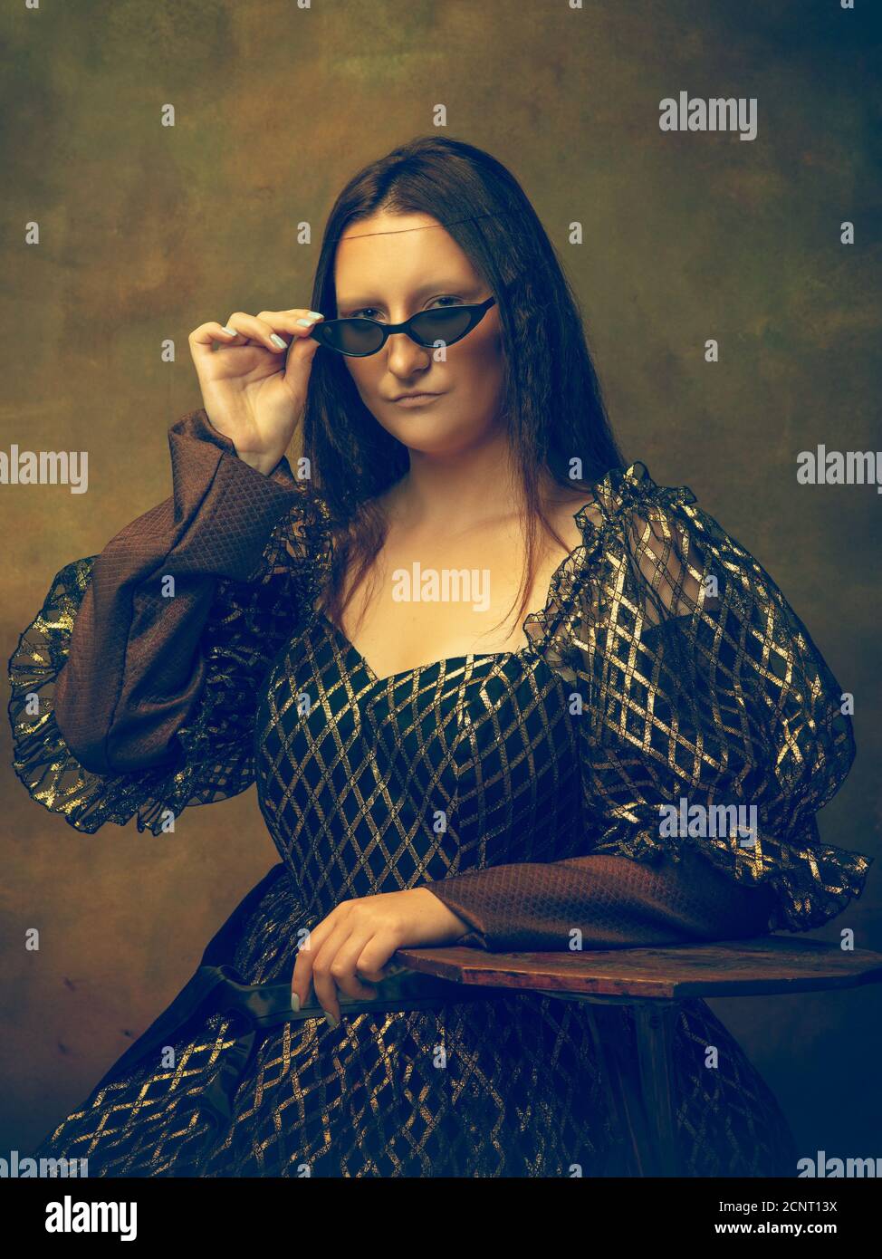 Eyewear black. Young woman as Mona Lisa, La Gioconda isolated on dark ...
