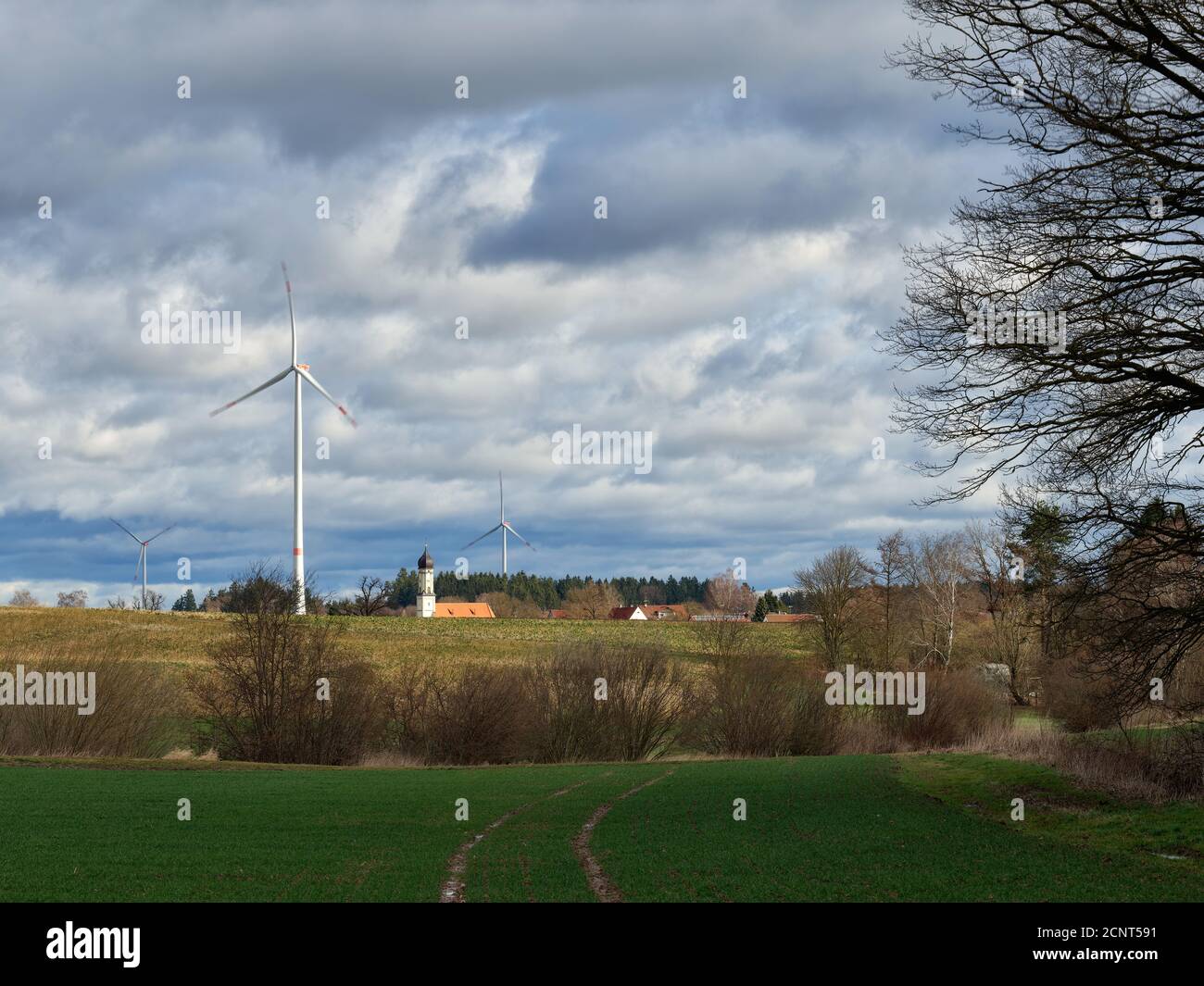 Energy supplier, wind turbine, large wind turbine, fields, church ...