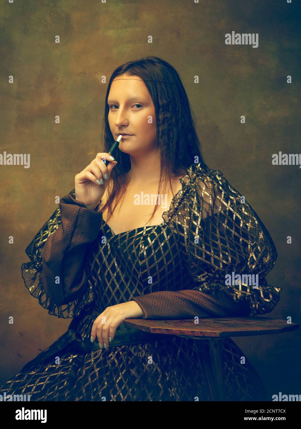 Smoking. Young woman as Mona Lisa, La Gioconda isolated on dark green ...
