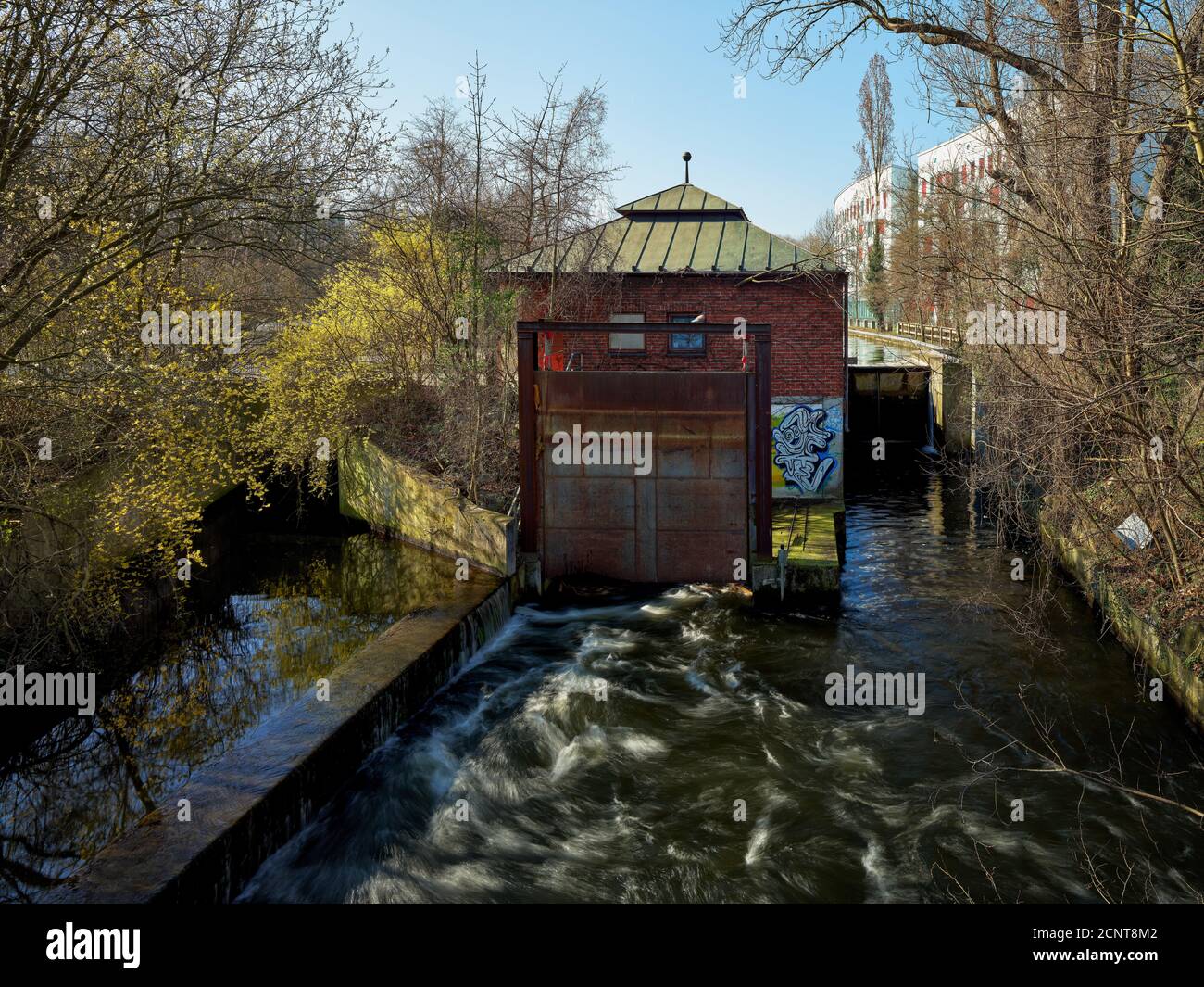 Canal, flowing water, industrial building, brick, power plant ...