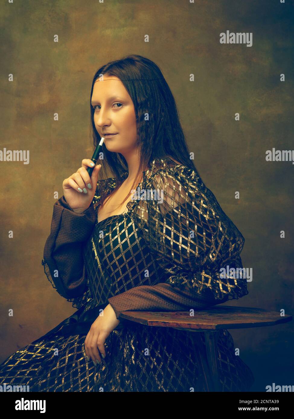 Smoking. Young woman as Mona Lisa, La Gioconda isolated on dark green ...