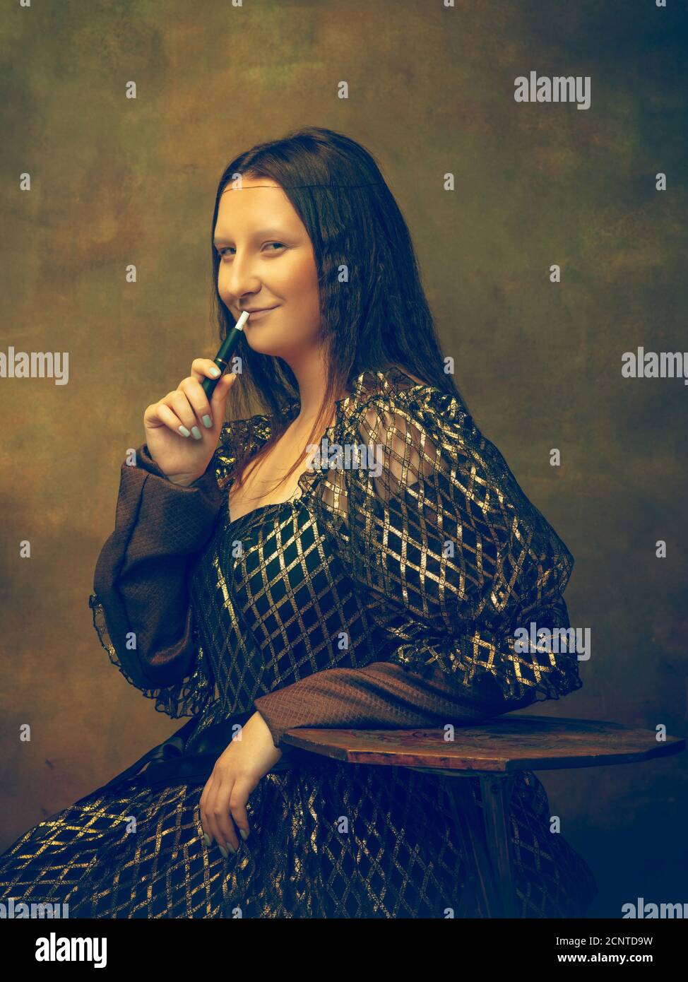 Smoking. Young woman as Mona Lisa, La Gioconda isolated on dark green ...