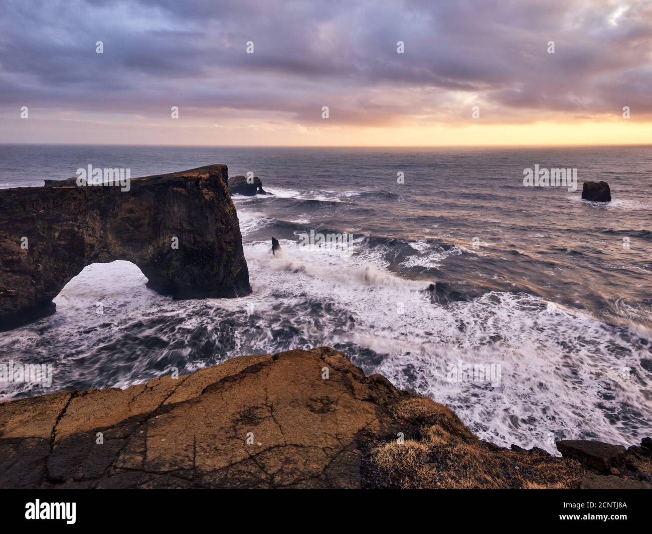 Deep view, panoramic view, surf, rocks, rock arch, evening sky, ocean ...