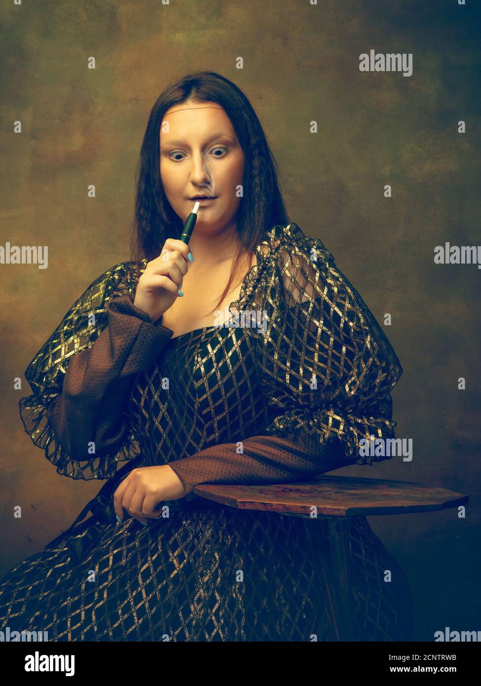 Smoking. Young woman as Mona Lisa, La Gioconda isolated on dark green ...