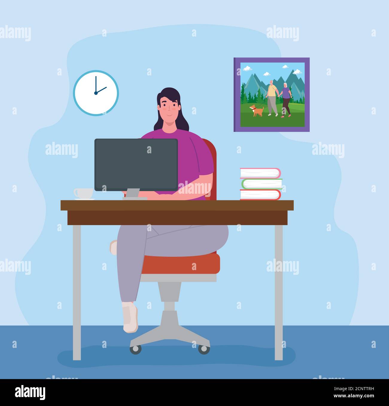 telework, woman with computer in desk, working from home Stock Vector ...