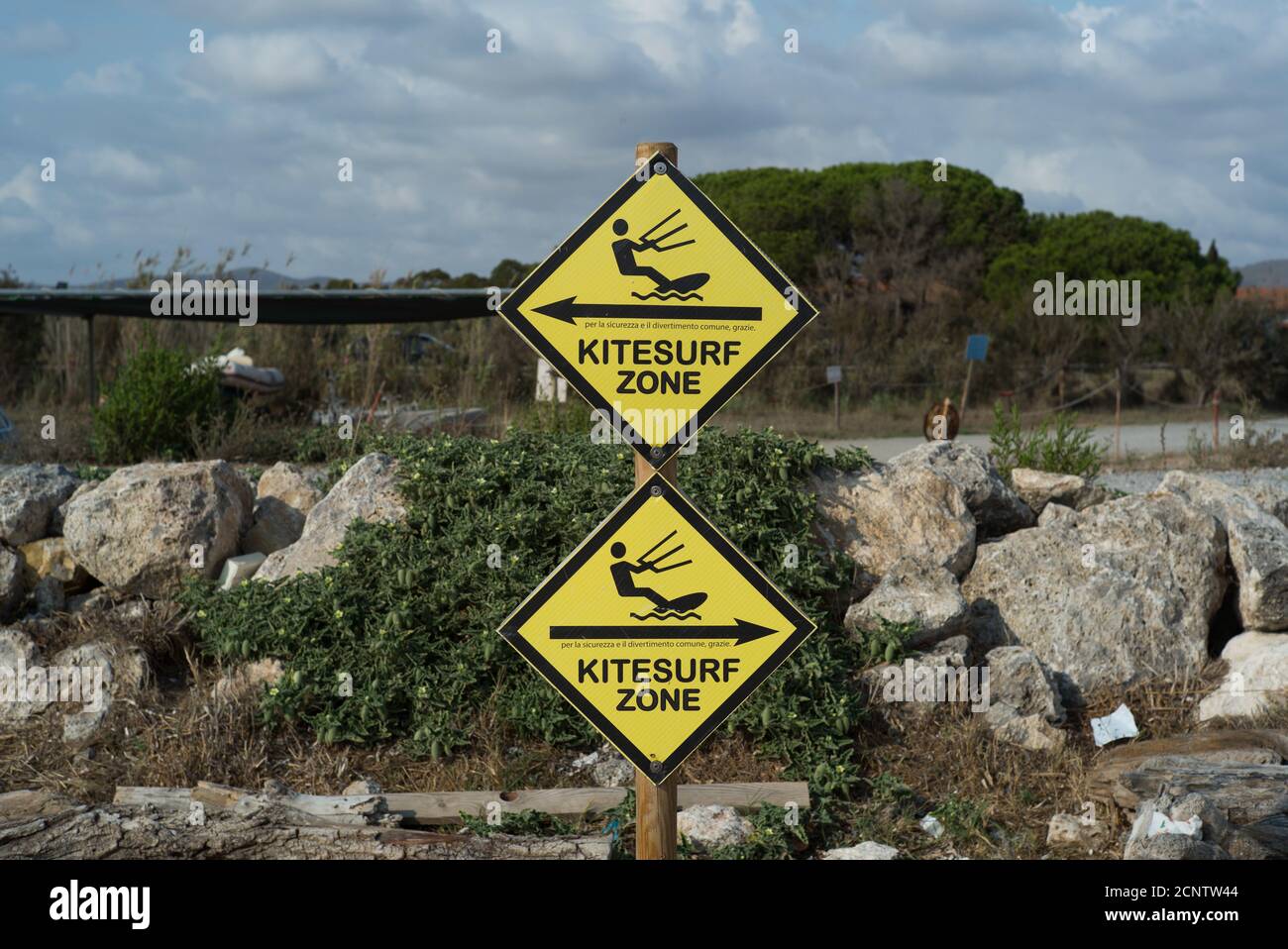 Kite surfing, information signs kitesurfing zone, bay of Talamone ...