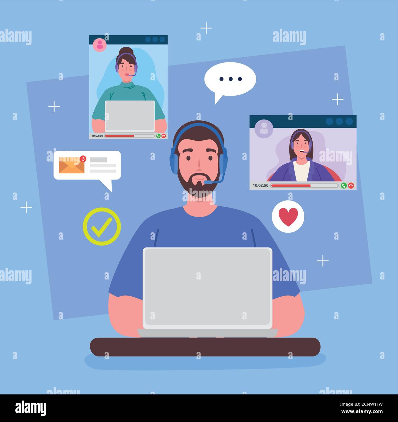 telework, man working from home in video conference with teamwork Stock ...