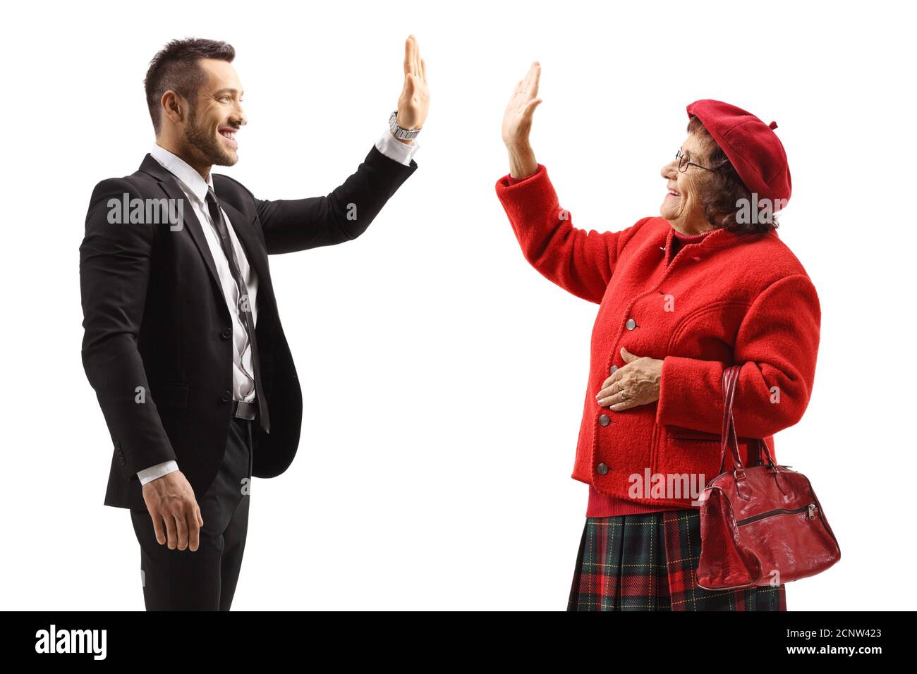 Man in a suit gesturing high-five with an elderly lady isolated on ...