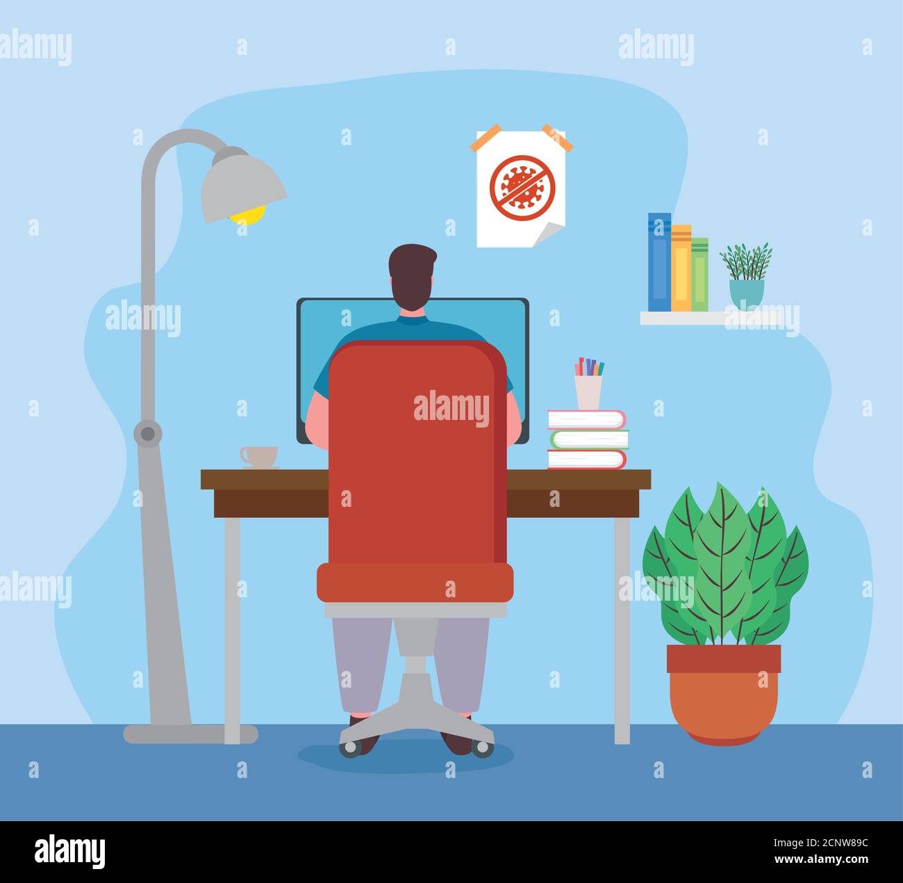 telework, man with computer in desk, working from home Stock Vector ...