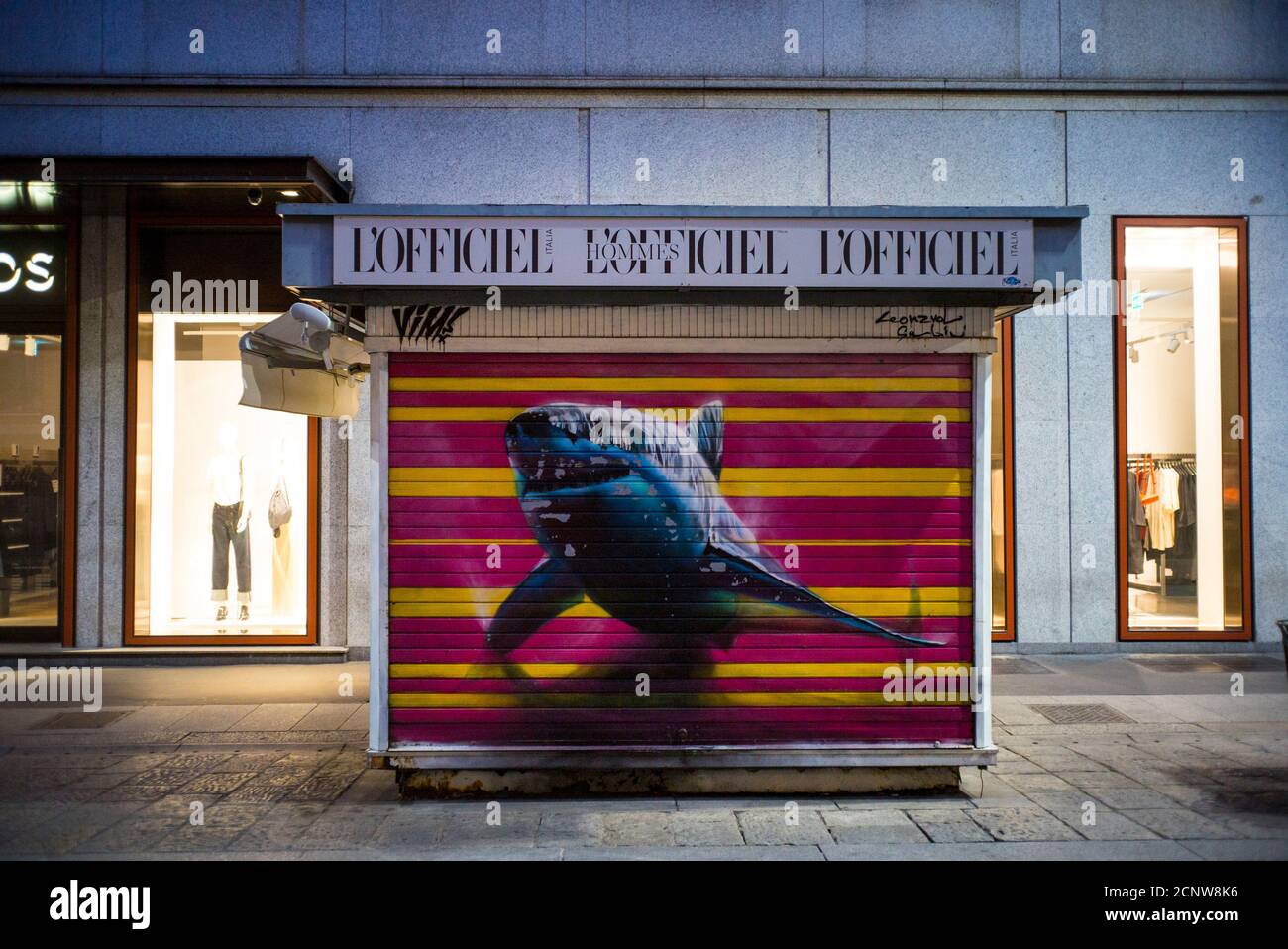 Milan, Lombardy, Italy, Brera district, great white shark kiosk Stock ...