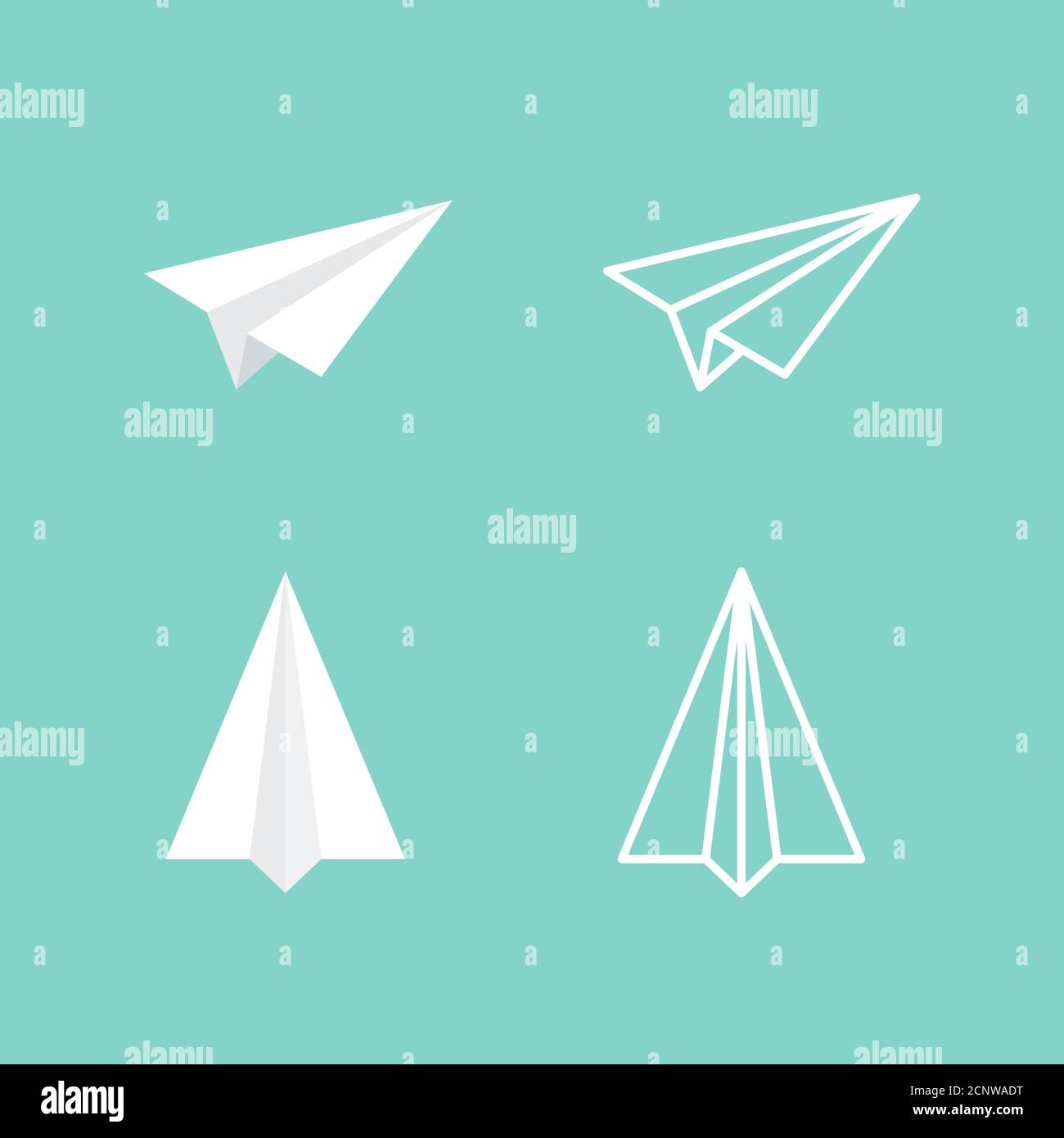 Paper plane icon set. White outline and flat symbols. Green background ...