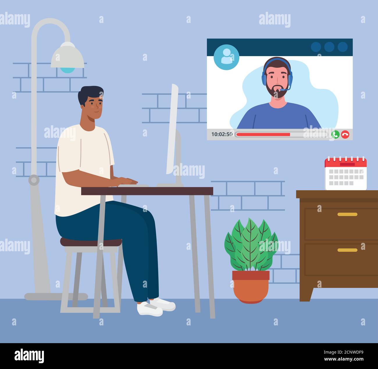 telework, man afro working from home in video conference with teamwork ...