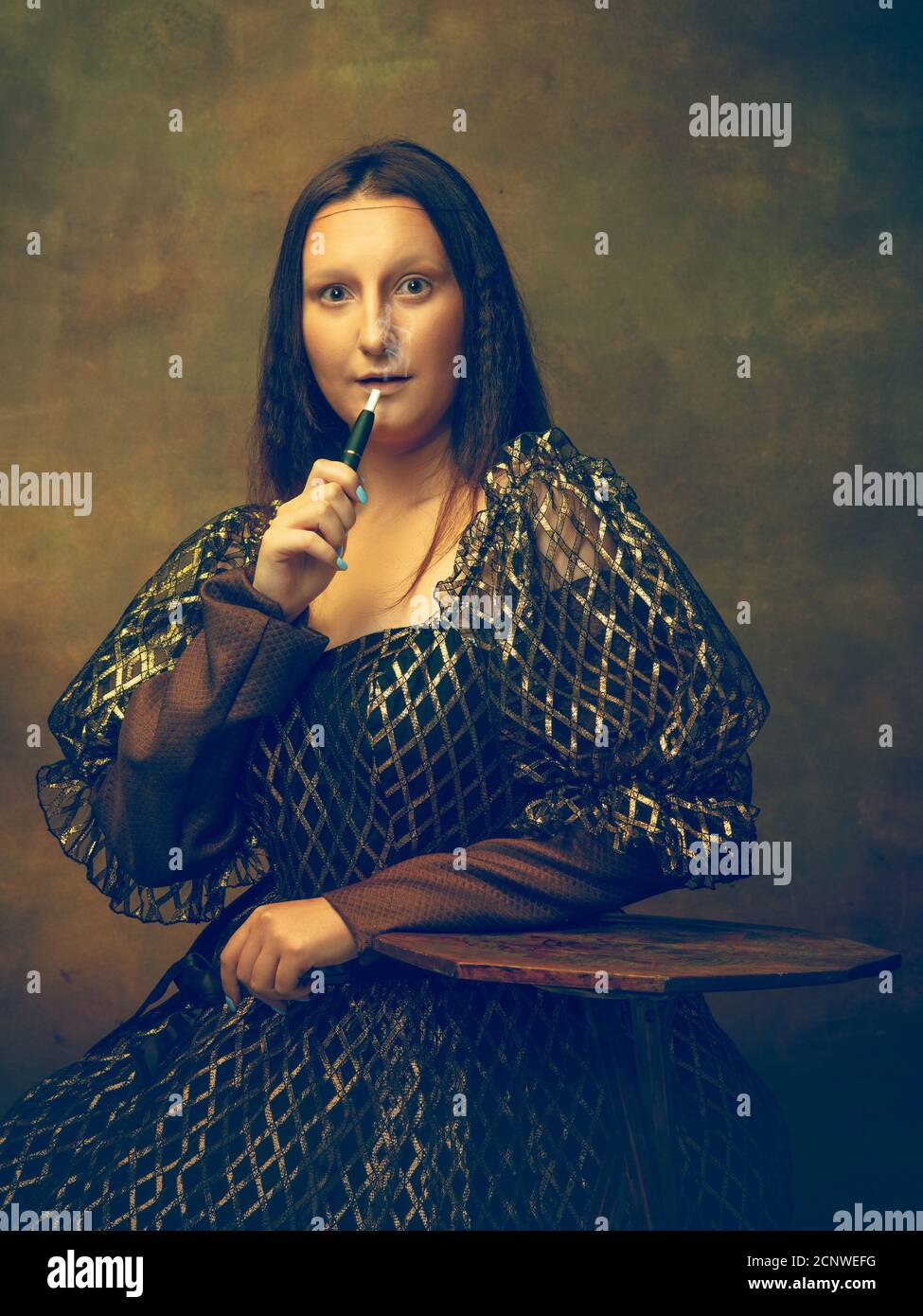 Smoking. Young woman as Mona Lisa, La Gioconda isolated on dark green ...