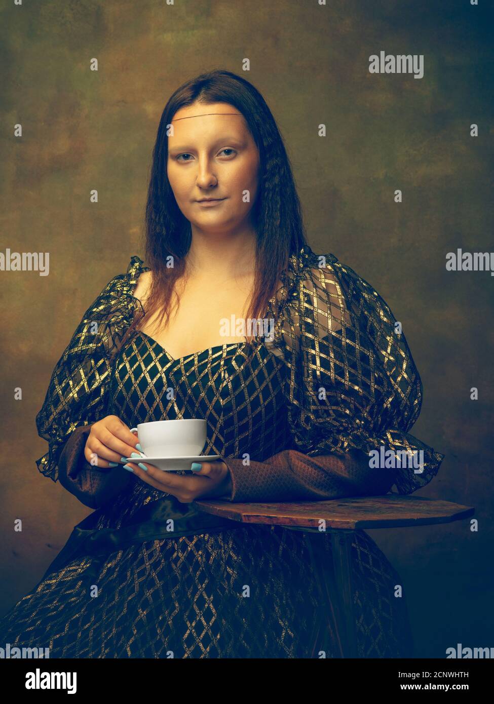 Coffee time. Young woman as Mona Lisa, La Gioconda isolated on dark ...