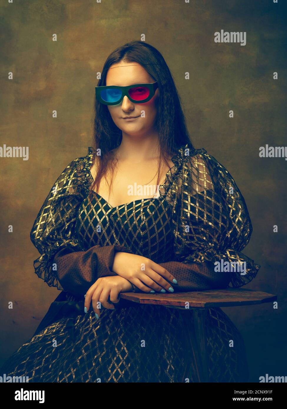 3D eyewear. Young woman as Mona Lisa, La Gioconda isolated on dark ...