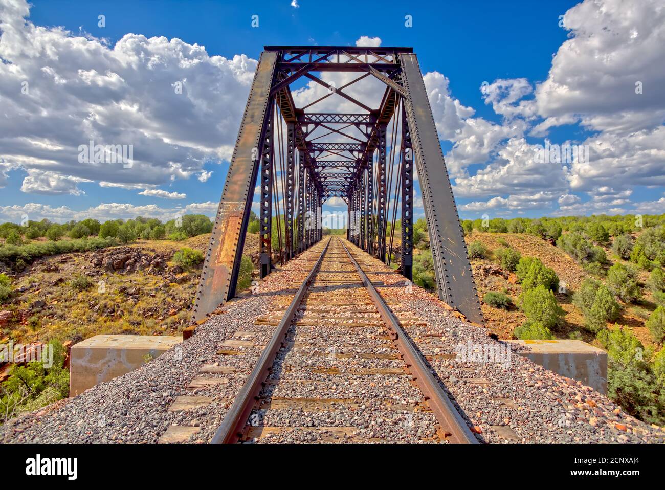 Closeup of an old railroad trestle bridge spanning Bear Canyon near ...