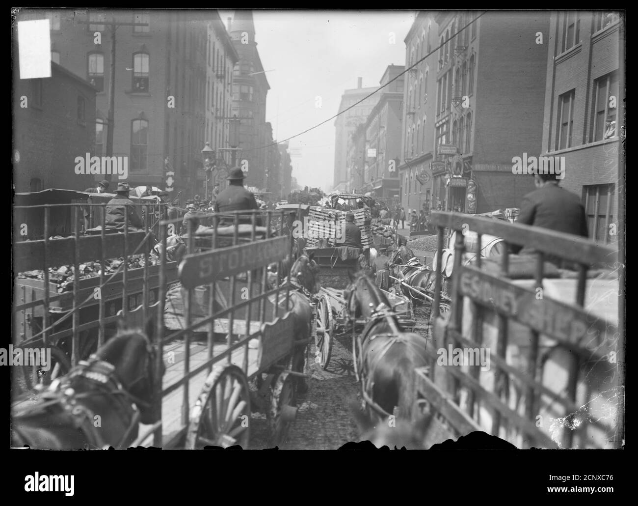 Teamsters' Strike stopping horse drawn carts on a commercial street ...