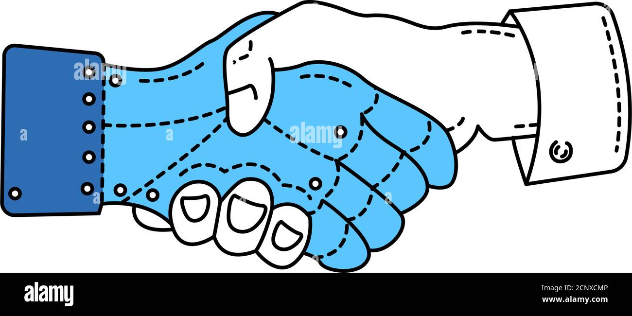 Shaking hands of artificial hand and real color line icon. Pictogram ...