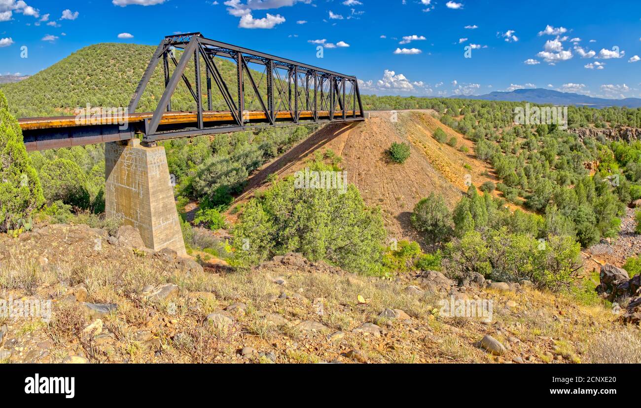 Wide angle photo of an old railroad trestle bridge spanning Bear Canyon ...