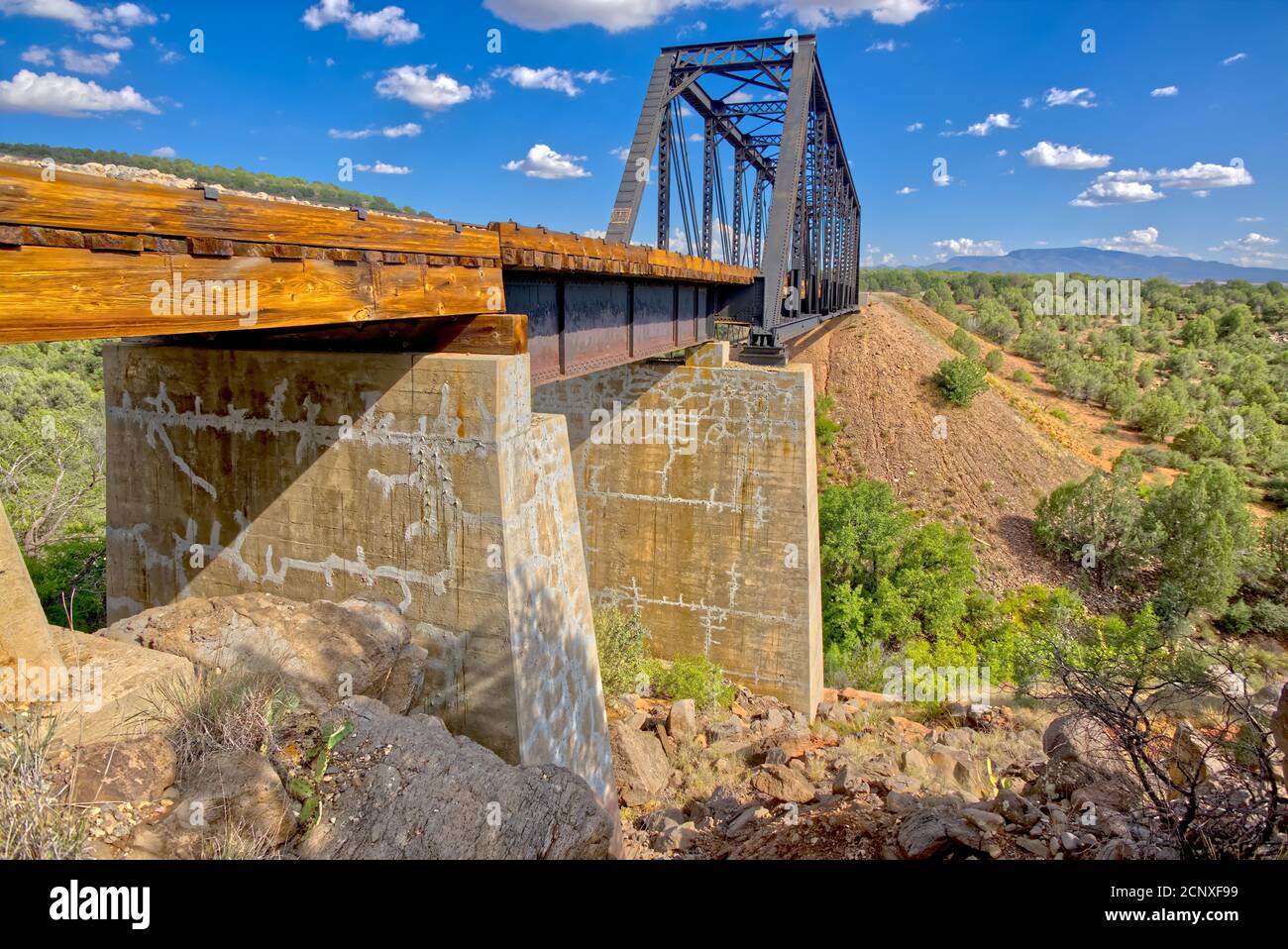 Closeup of an old railroad trestle bridge spanning Bear Canyon near ...