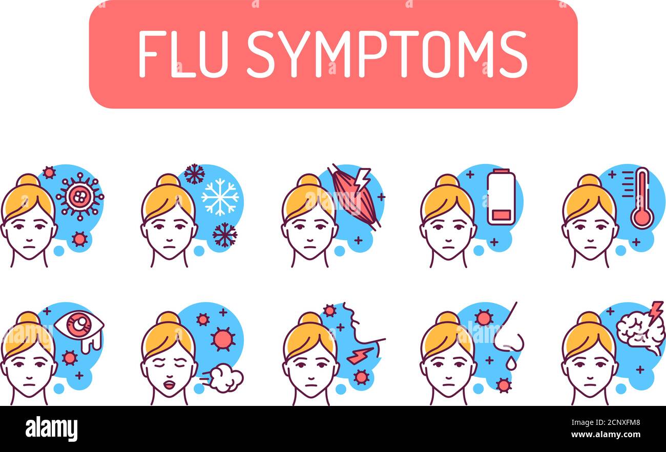 Flu symptoms color line icons set. Viral diseases, colds. Pictograms ...