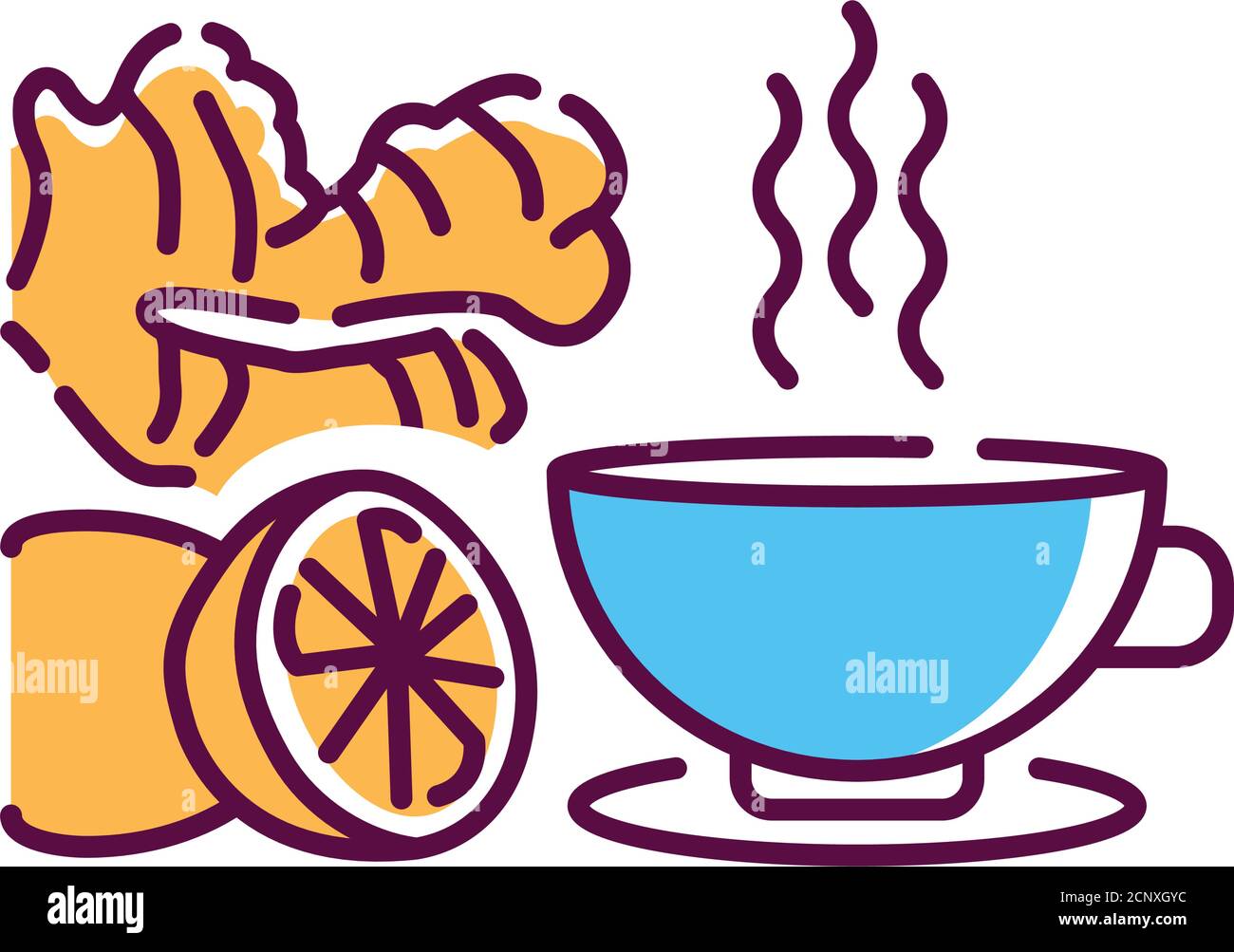 Tea with lemon and ginger color line icon. A drink that helps to ...