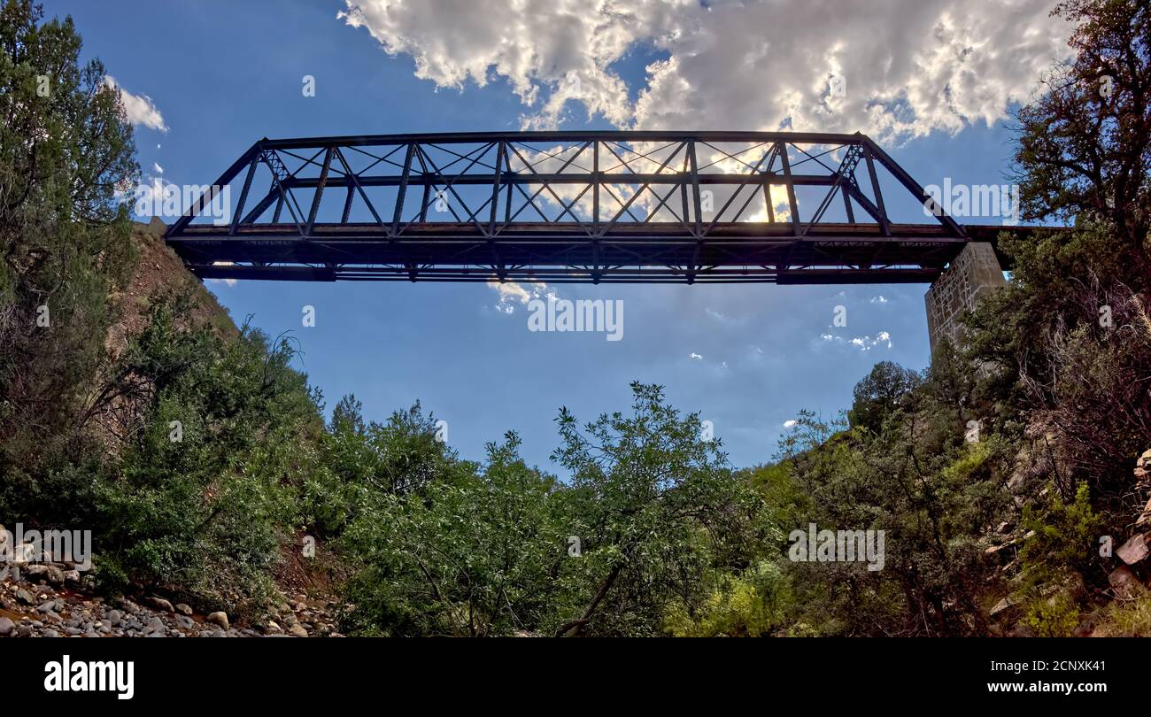 View from below an old railroad trestle bridge spanning Bear Canyon ...