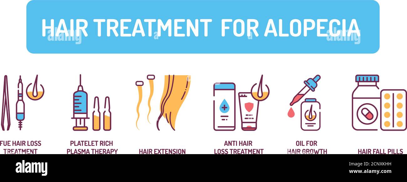 Hair treatment for alopecia color line icons set. Tools and actions ...