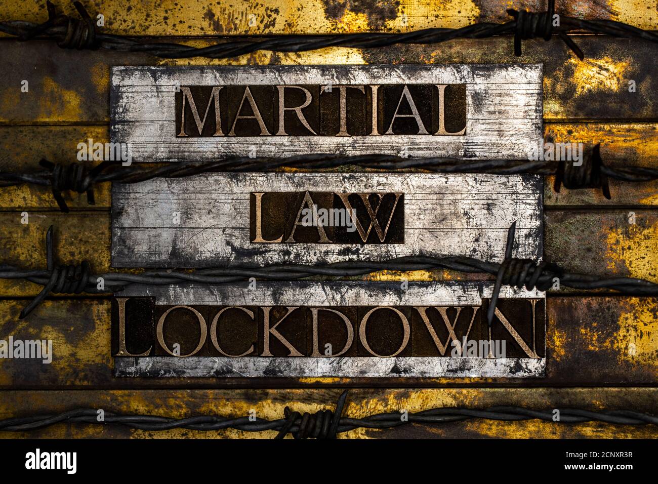 Martial Law Lockdown text formed with real authentic typeset letters ...