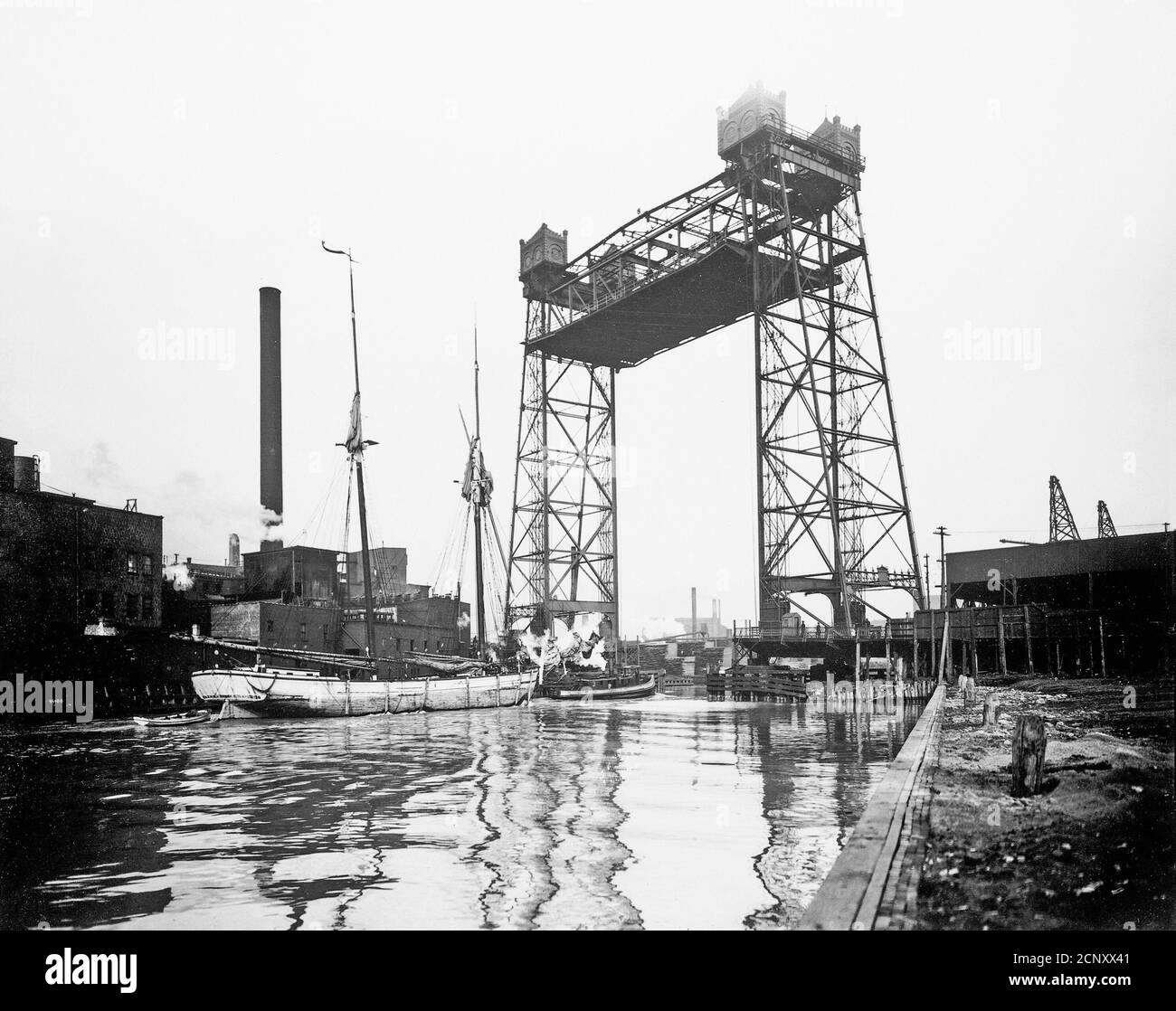 View of ship passing under the Halsted Street Bridge, Chicago, Illinois ...