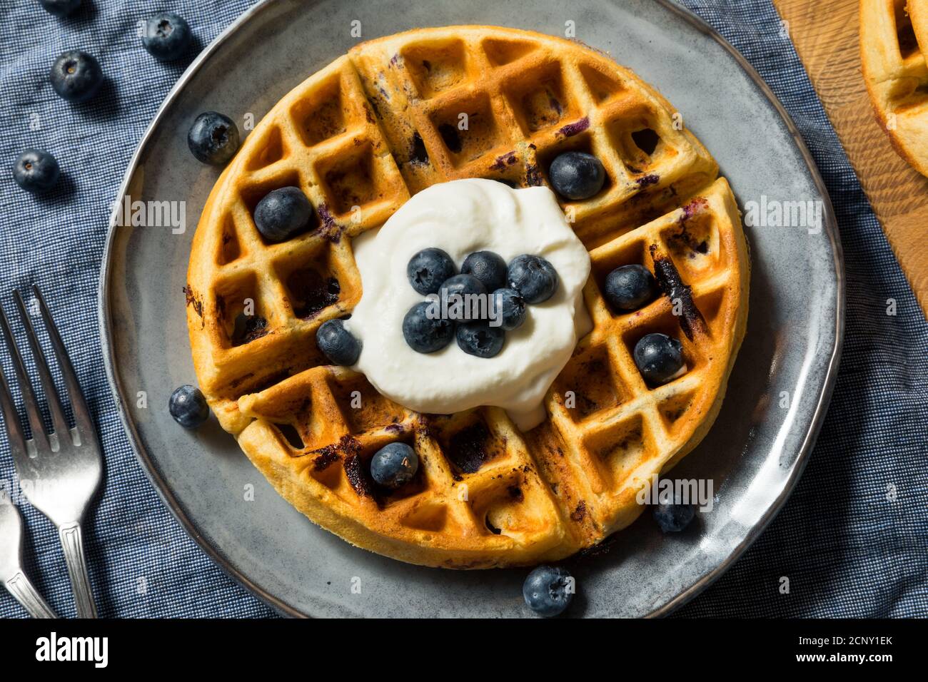 Homemade Warm Blueberry Belgian Waffles with Whipped Cream Stock Photo ...