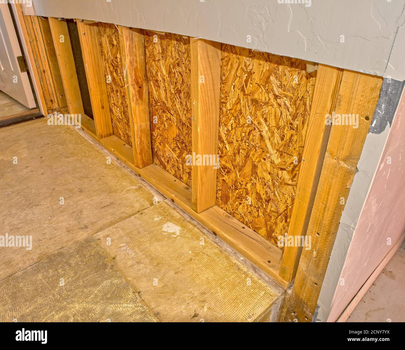 A section of drywall that had to be removed due to flood damage. The ...