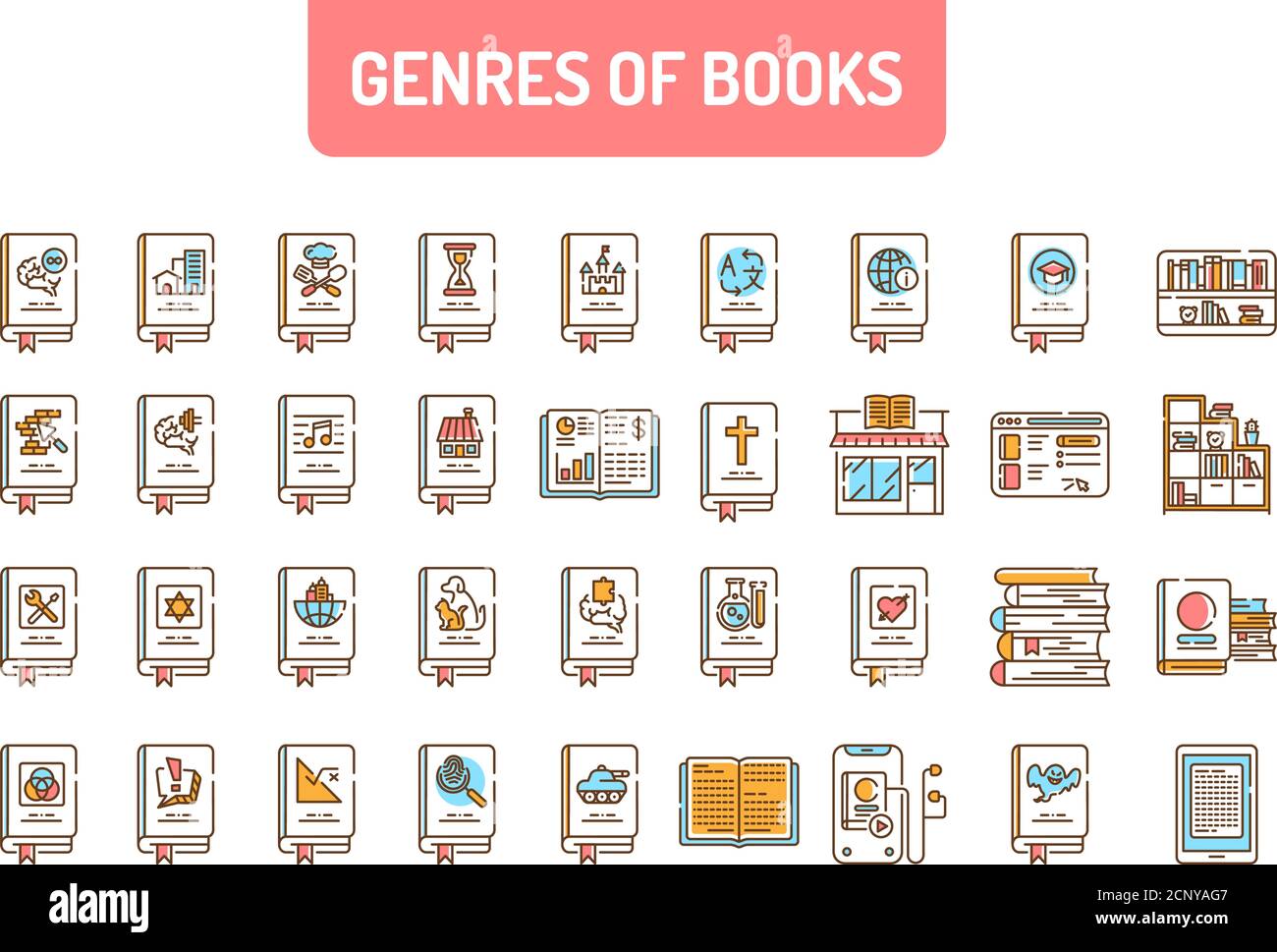 Genres of books color line icons set. Collection of all genres in ...