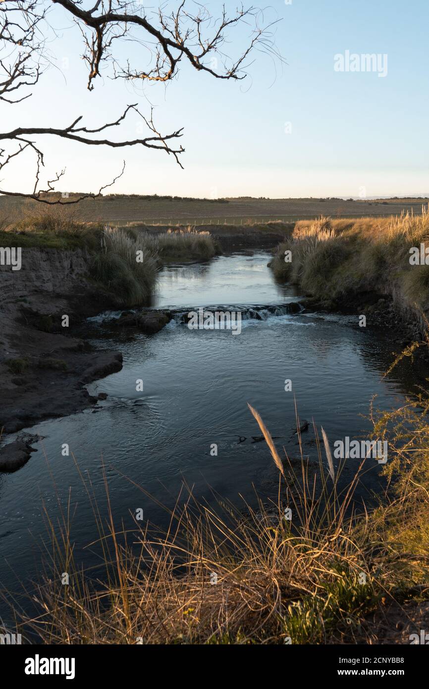 Stream with a small waterfall in the middle of an agricultural field ...