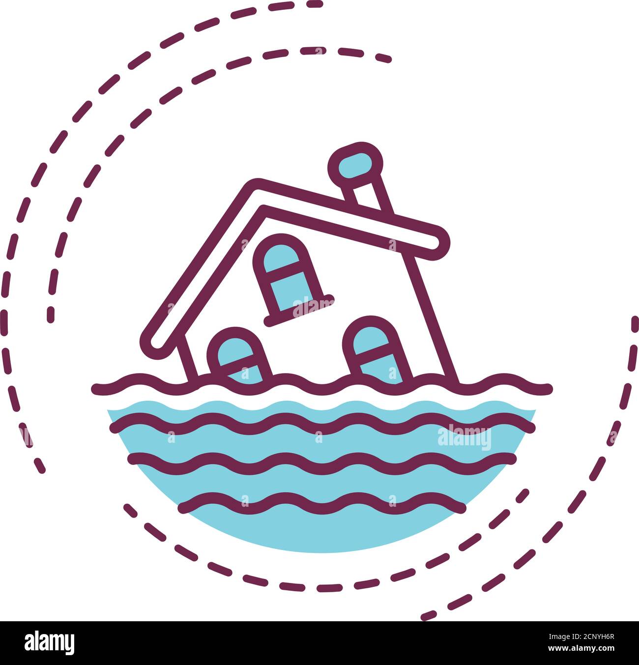 Flood color line icon. An overflow of water that submerges land that is ...